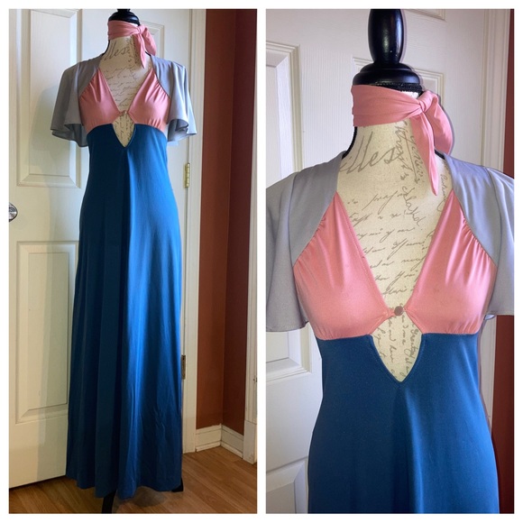 Vintage | Dresses | Vintage 7s Maxi Flutter Sleeve Colorblock Dress ...